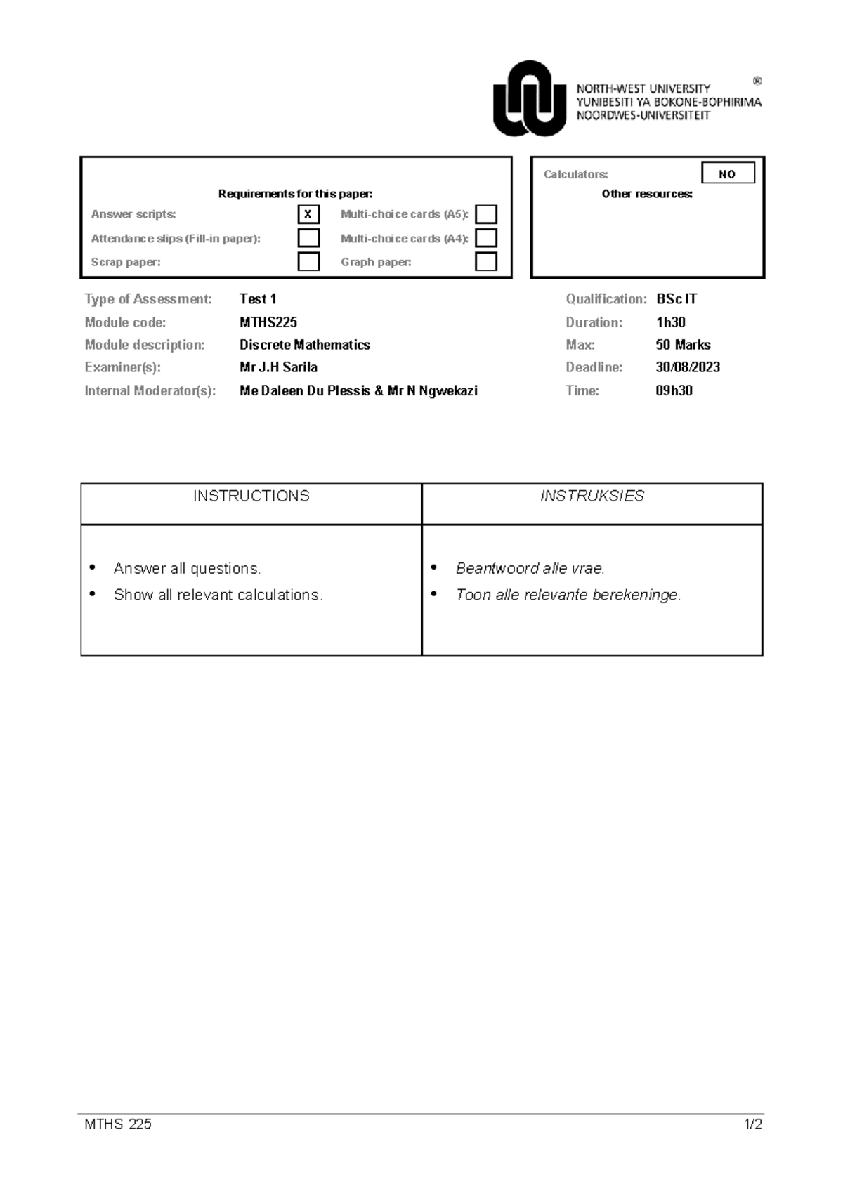 MEMO Test 1 MTHS 225 BSc IT 2023 - ####### Calculators: NO ...