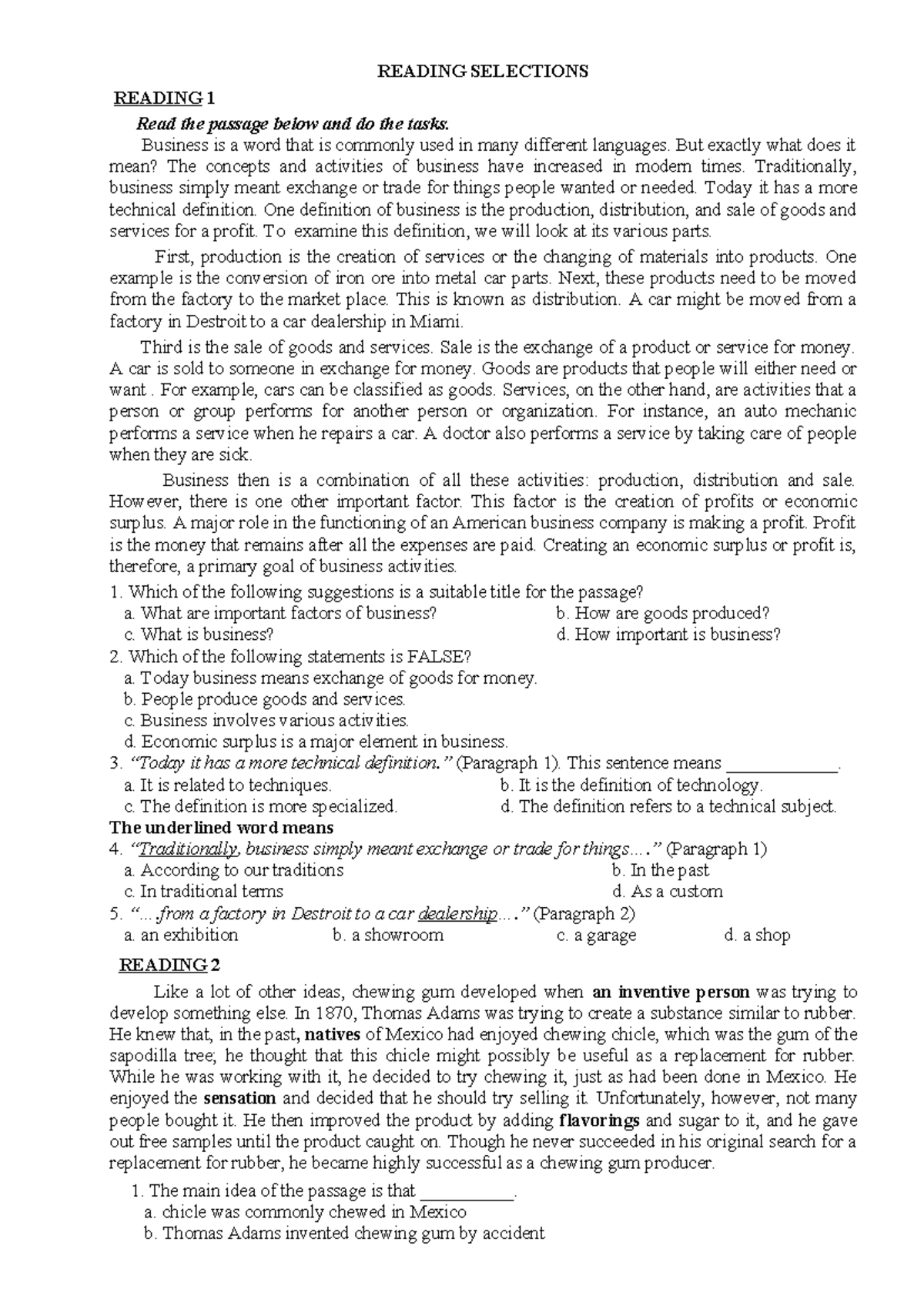 Reading Review - READING SELECTIONS READING 1 Read the passage below ...