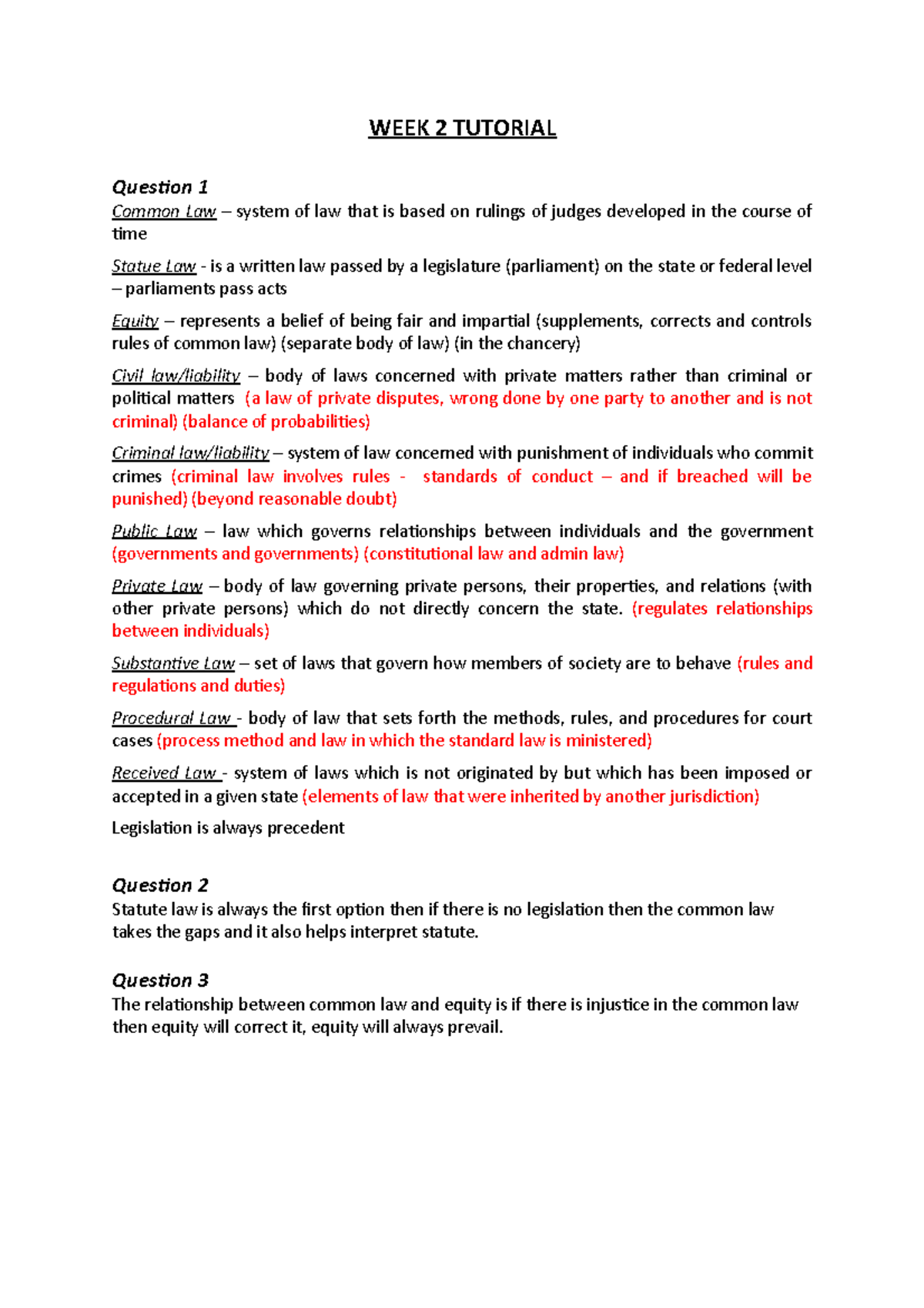Week 2 Tutorial WEEK 2 TUTORIAL Question 1 Common Law System Of Law
