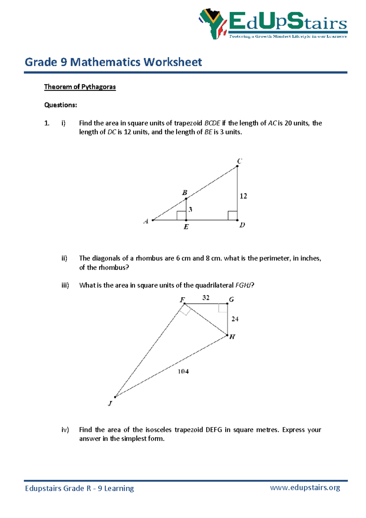 Theorem-of-Pythagoras - Theorem of Pythagoras Questions: i) Find the ...