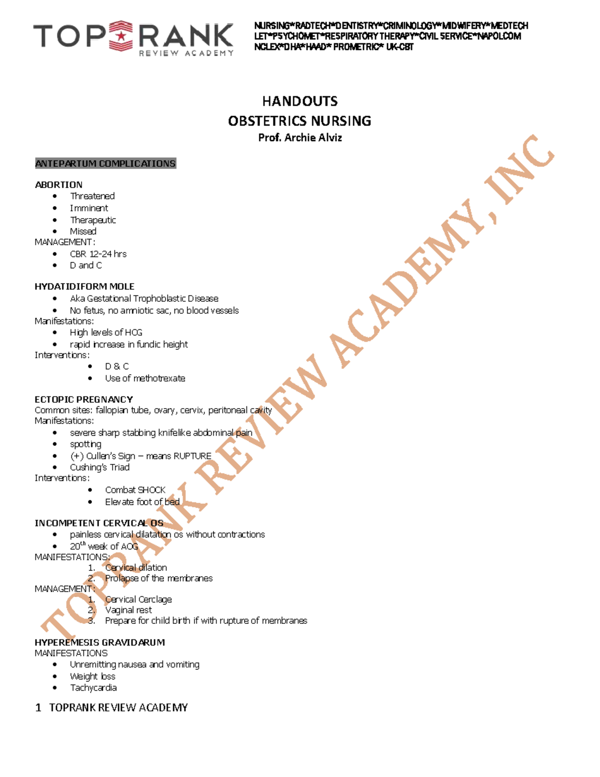 Handout-OB - Nursing obstetrics - 1 TOPRANK REVIEW ACADEMY - Studocu