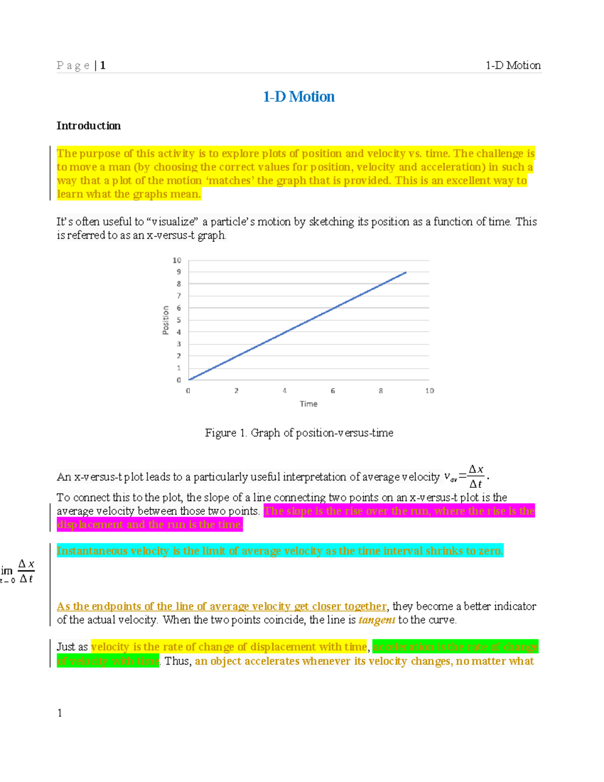 1D Motion LAB instructions - P a g e | 1 1-D Motion 1-D Motion ...