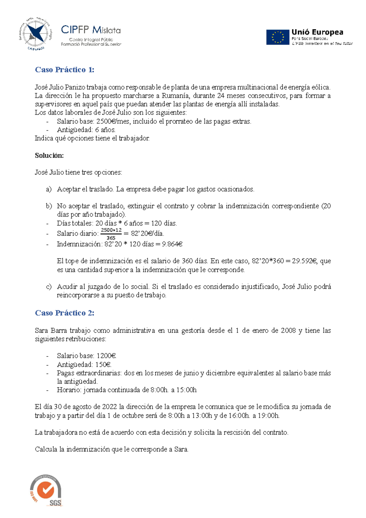 Ejercicio cortos Gestión de RRHH - Caso Práctico 1: José Julio Panizo ...