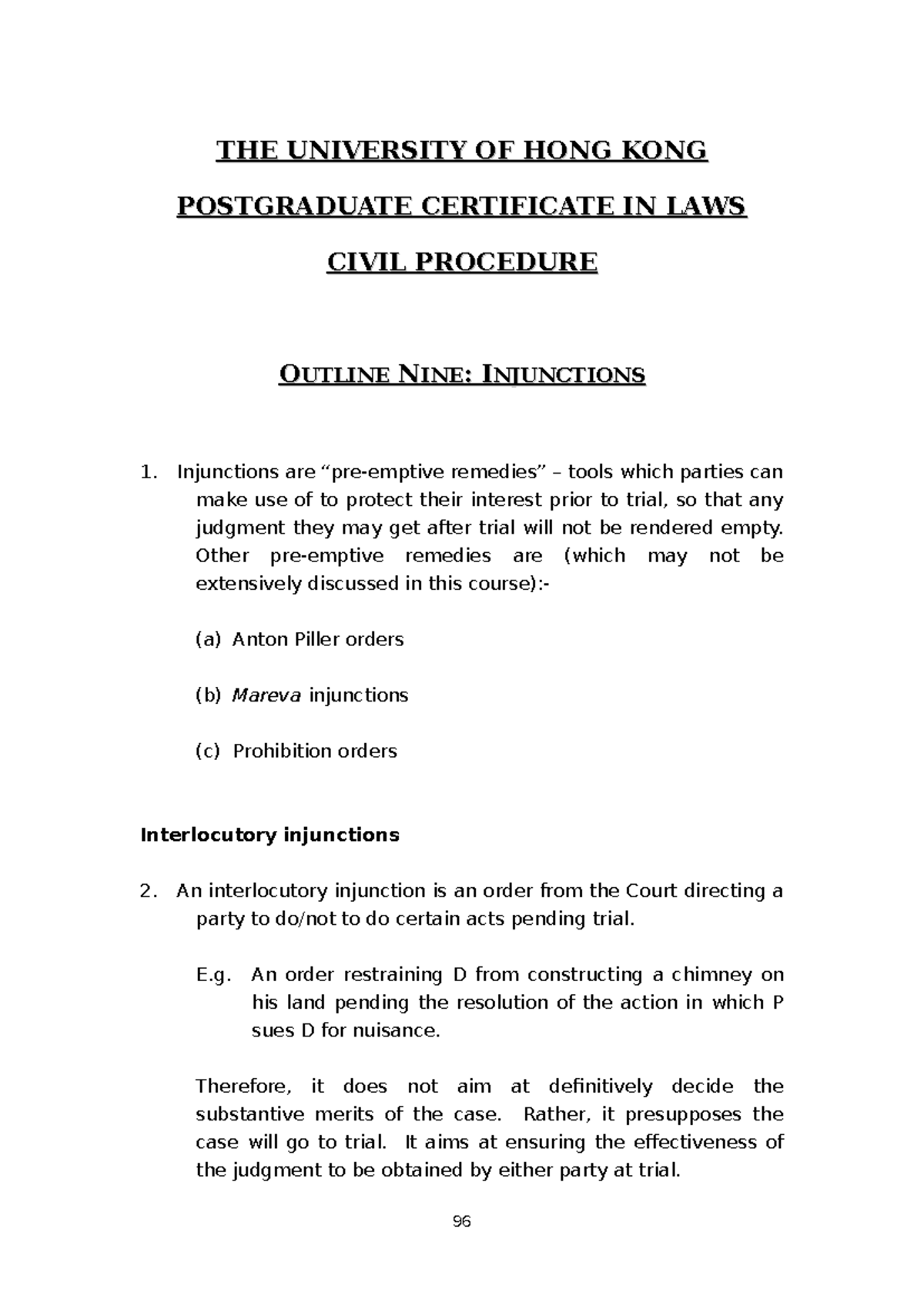 [HKU PCLL 2023-4 Civ Pro] Outline 9 Injunctions - THE UNIVERSITY OF ...