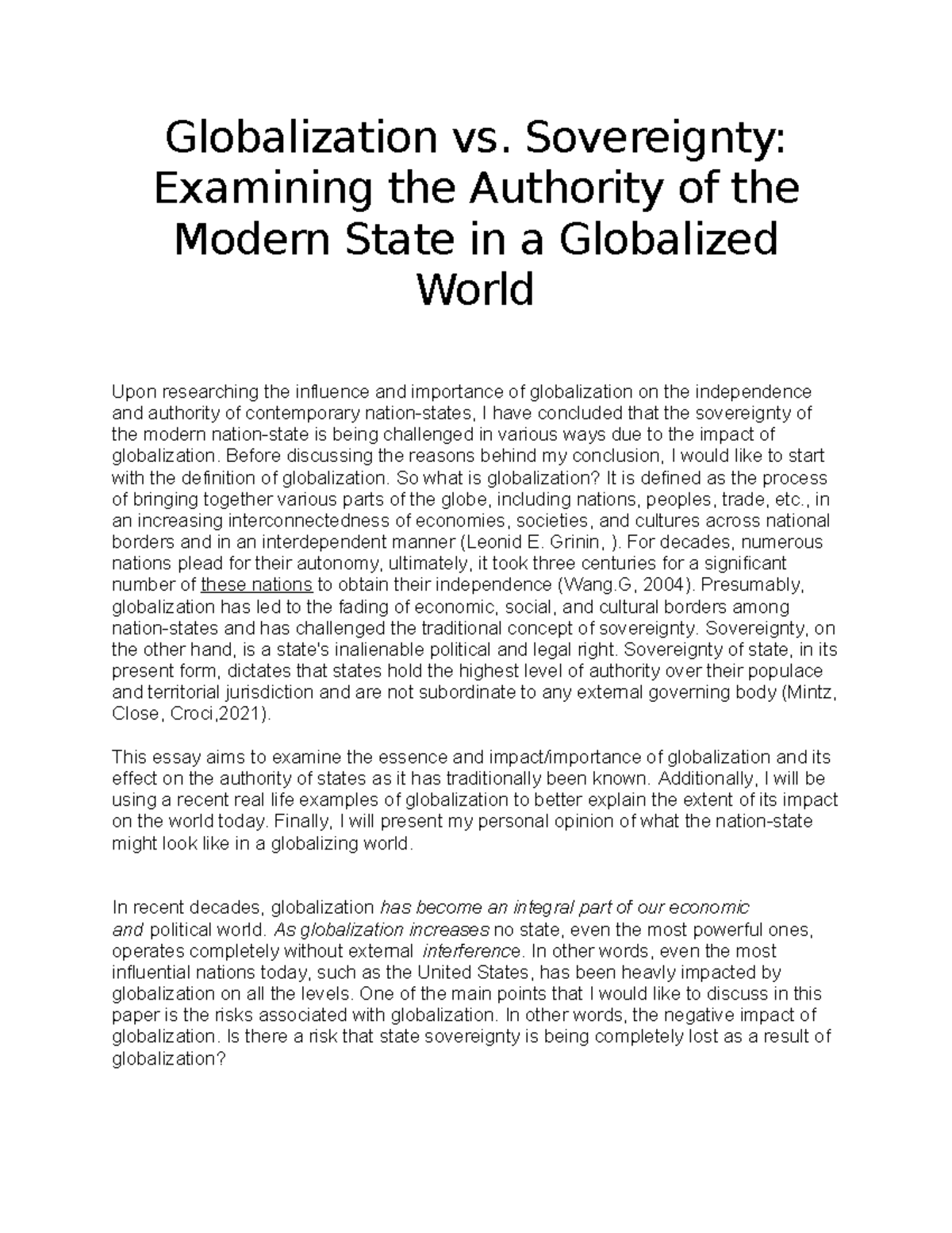 Politics essay - Globalization vs. Sovereignty: Examining the Authority of the Modern State in a ...