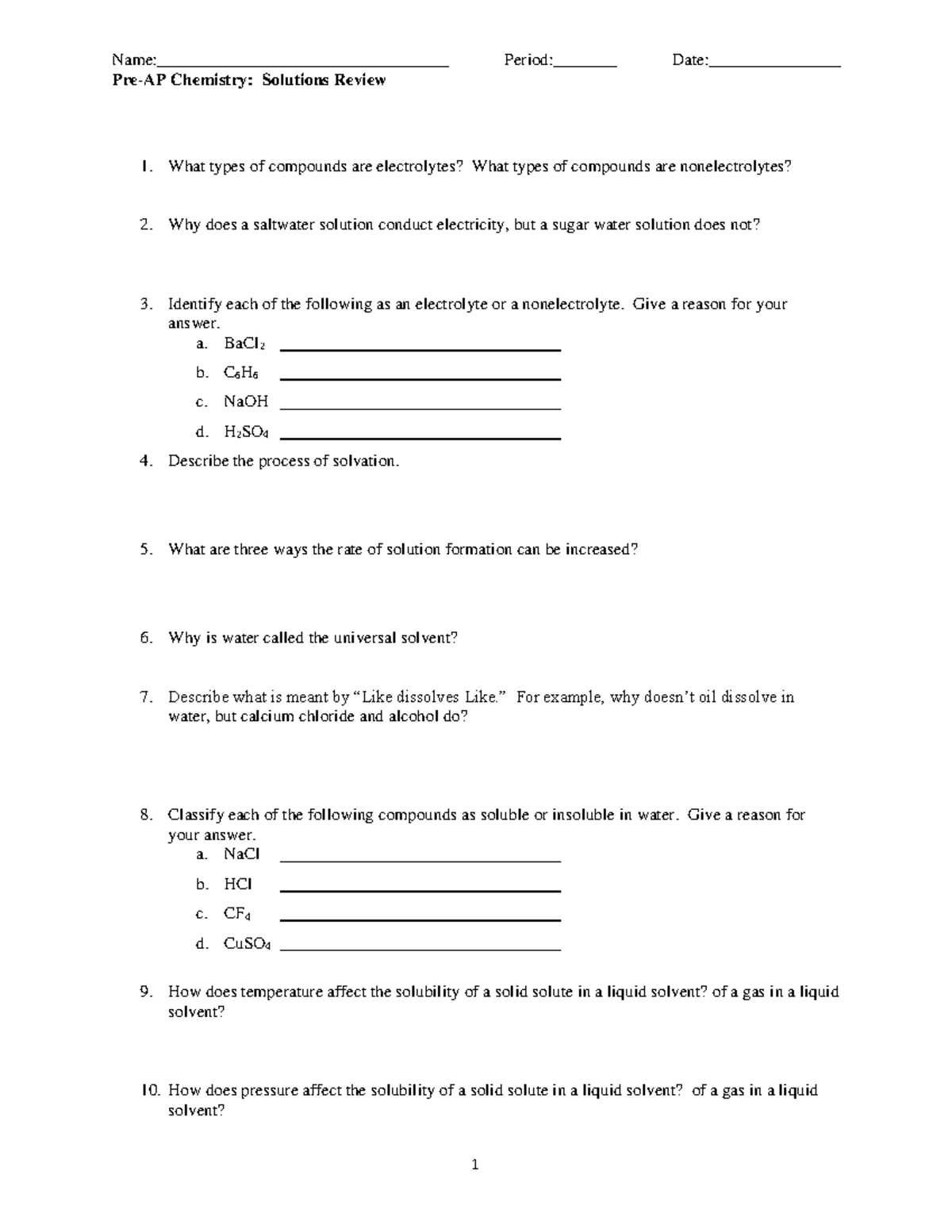 Solutions review-preap - 1 Name: Period: Date: Pre-AP Chemistry ...
