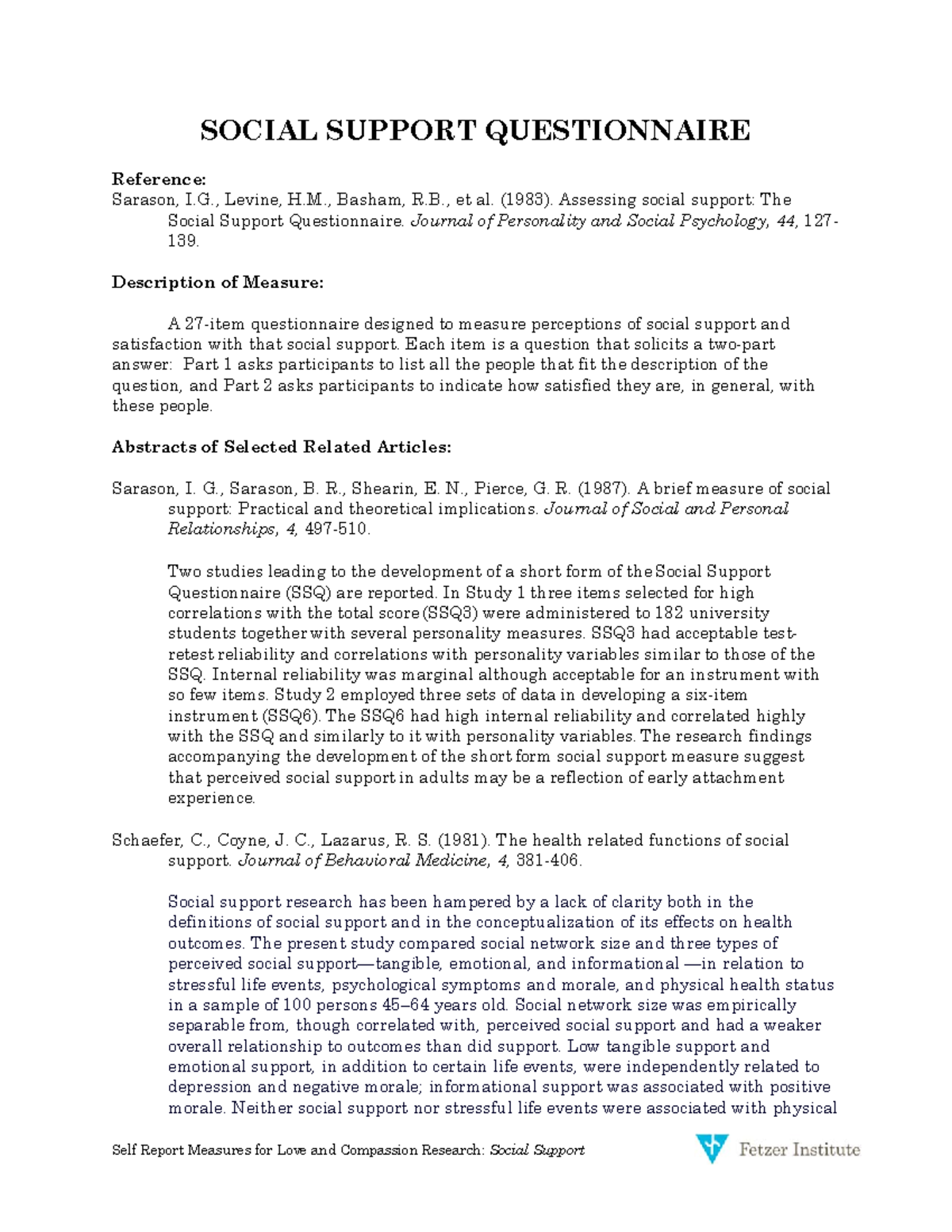 Self Measures for Love and Compassion Research Social Support - SOCIAL ...