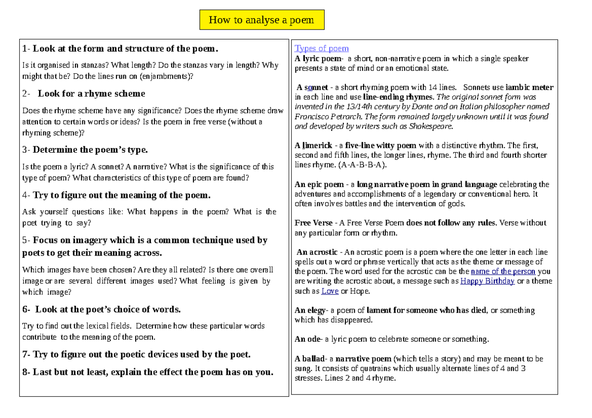 How to analyse a poem - Is it organised in stanzas? What length? Do the ...