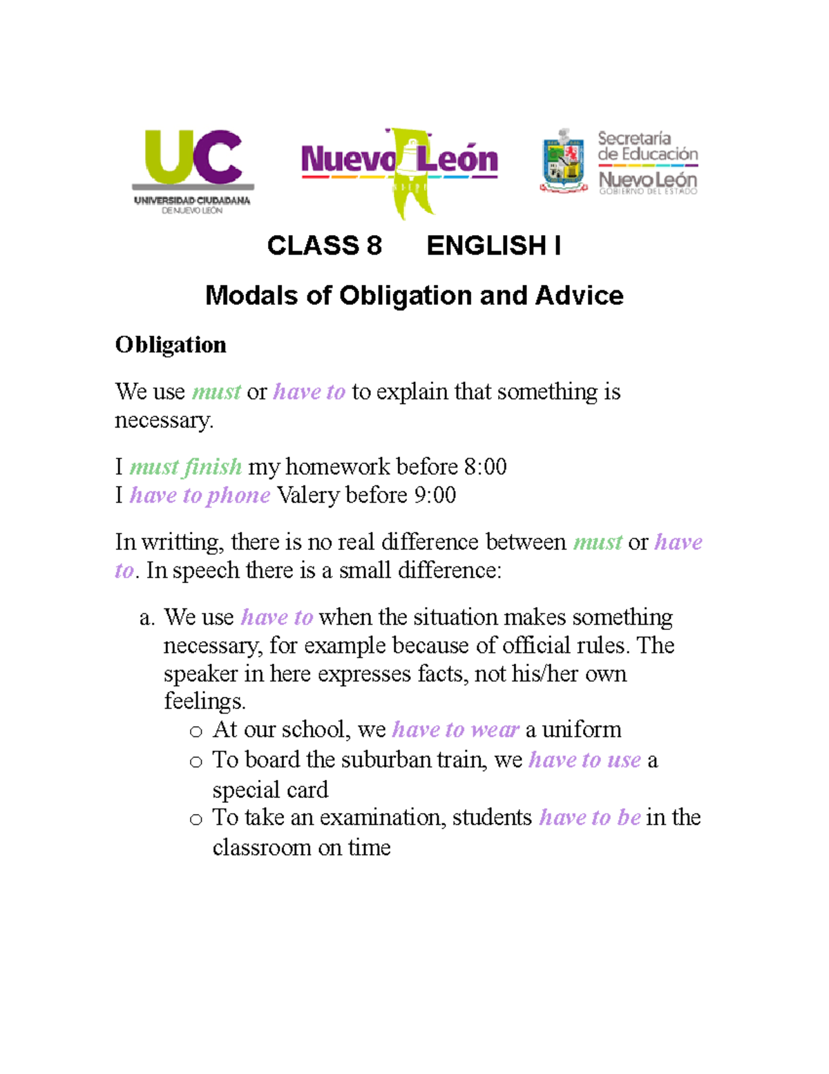 Grammar - Modals obligationandadvice - CLASS 8 ENGLISH I Modals of ...