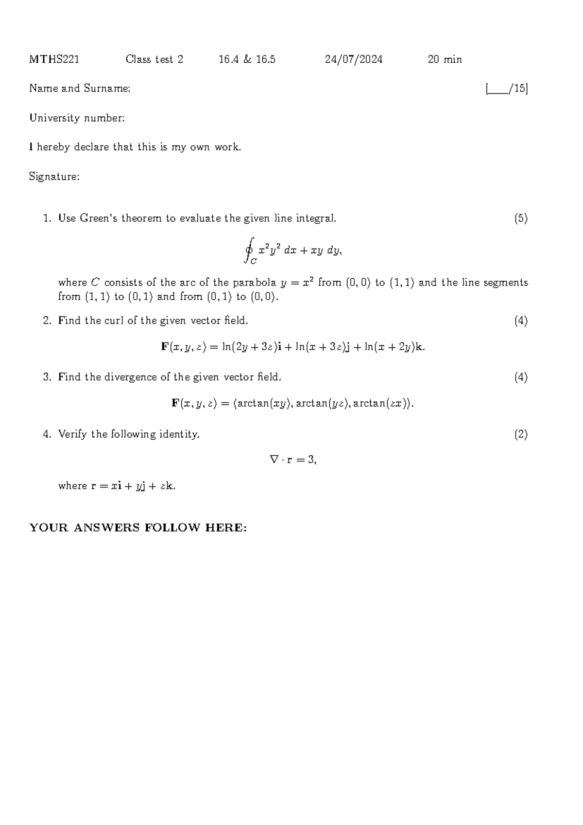 Class test 2 2024 - MTHS221 Class test 2 16 & 16 24/07/2024 20 min Name ...