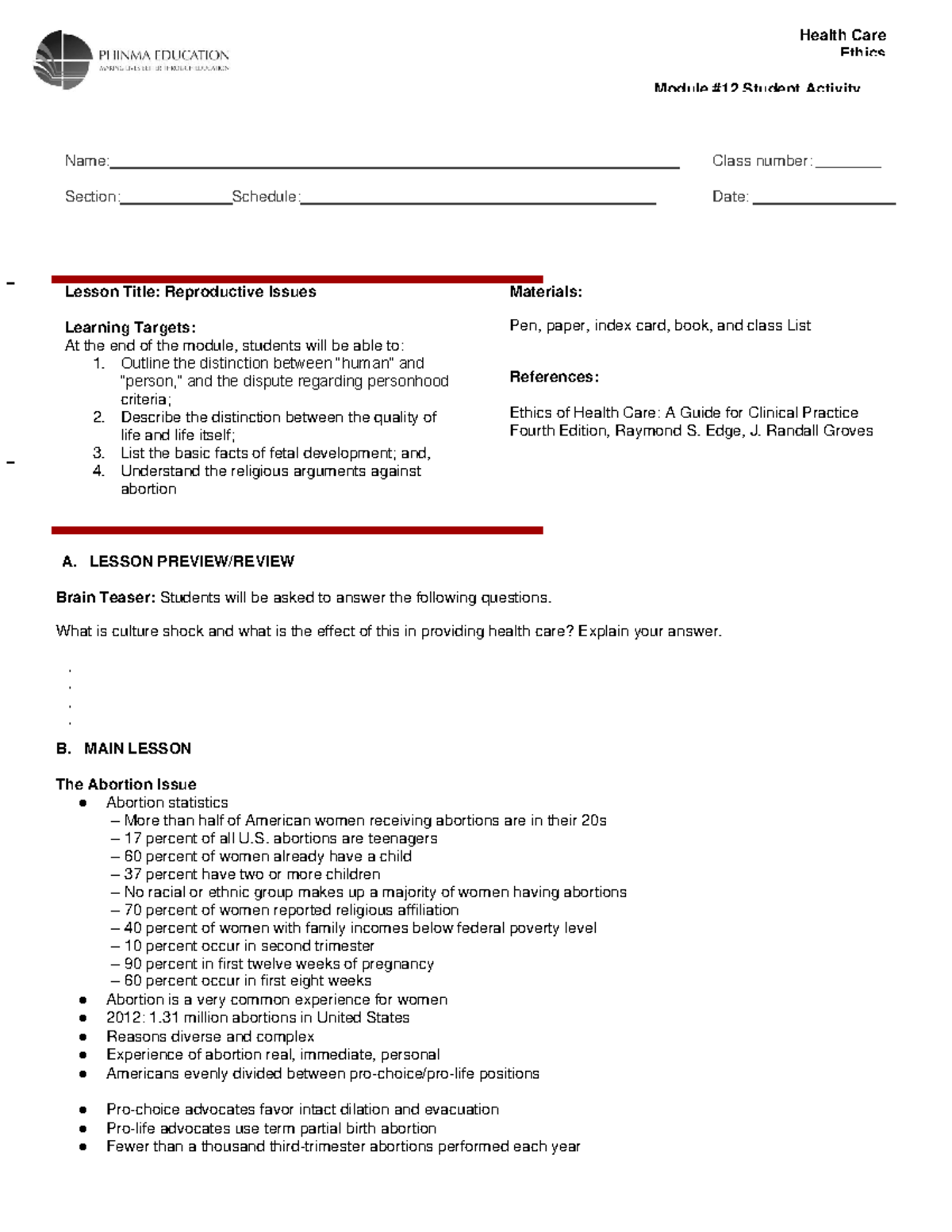 SAS12 Bioethics - Ethics (Bioethics) Module #12 Student Activity Sheet ...