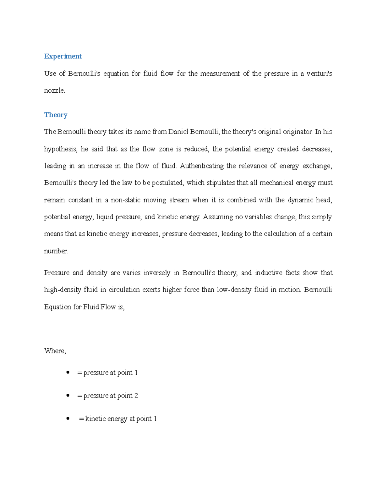 Experiment Bernoulli Equation - Experiment Use of Bernoulli's equation ...