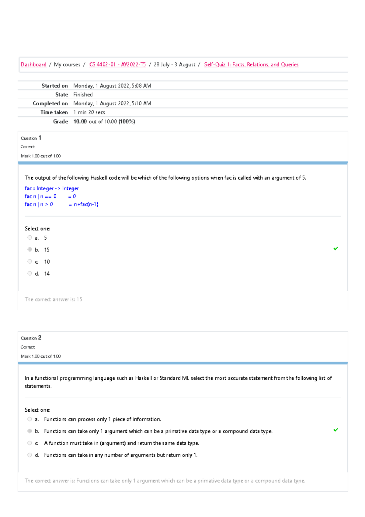 Unit 7 self 1 - Comparative Programming Languages Self-quiz - Started on Monday, 1 August 2022 ...