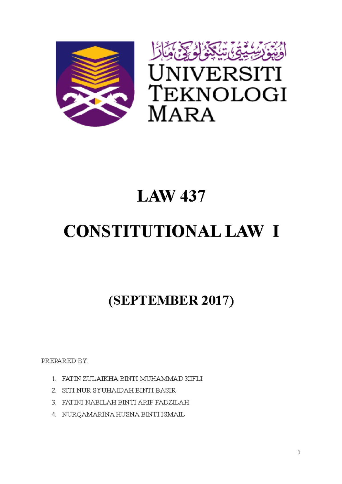 Sample Answer For Constitutional Law I - LAW 437 CONSTITUTIONAL LAW I (SEPTEMBER 2017 ...