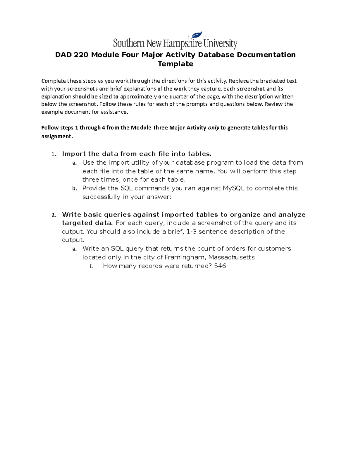 DAD 220 Module Four Major Activity Database Documentation Template - Replace the bracketed text ...