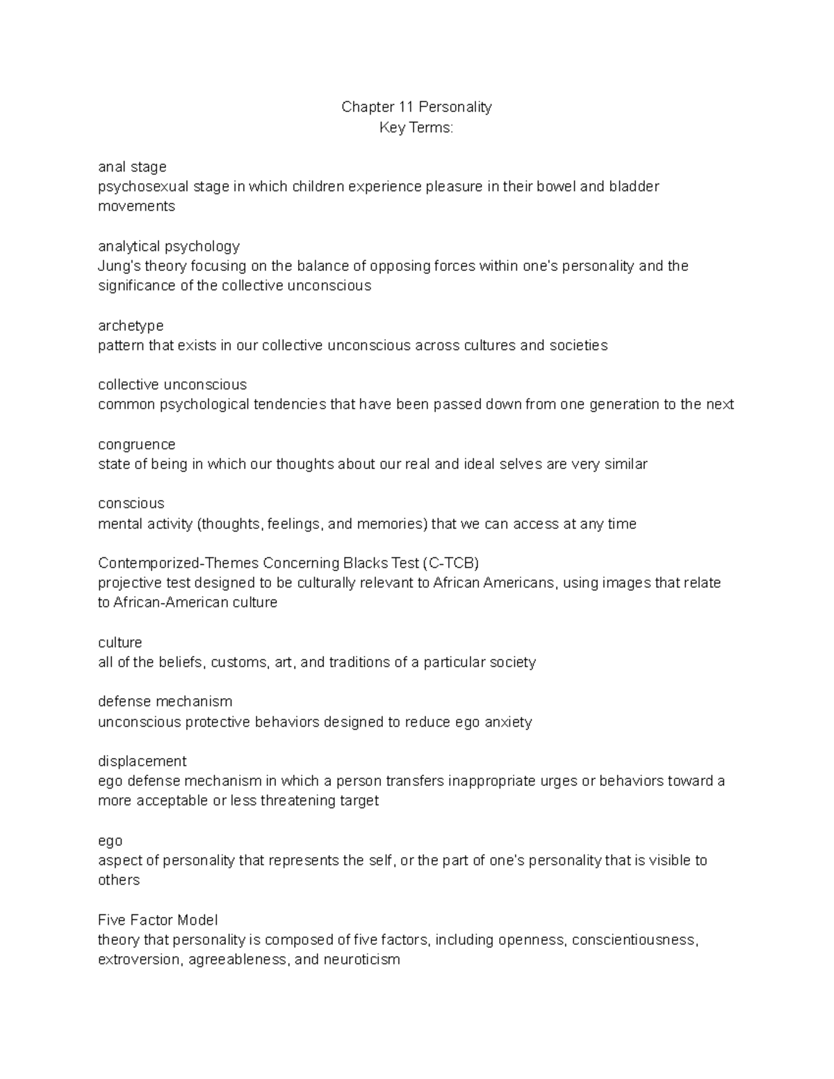 Chapter 11 Personality Key Terms - Chapter 11 Personality Key Terms ...