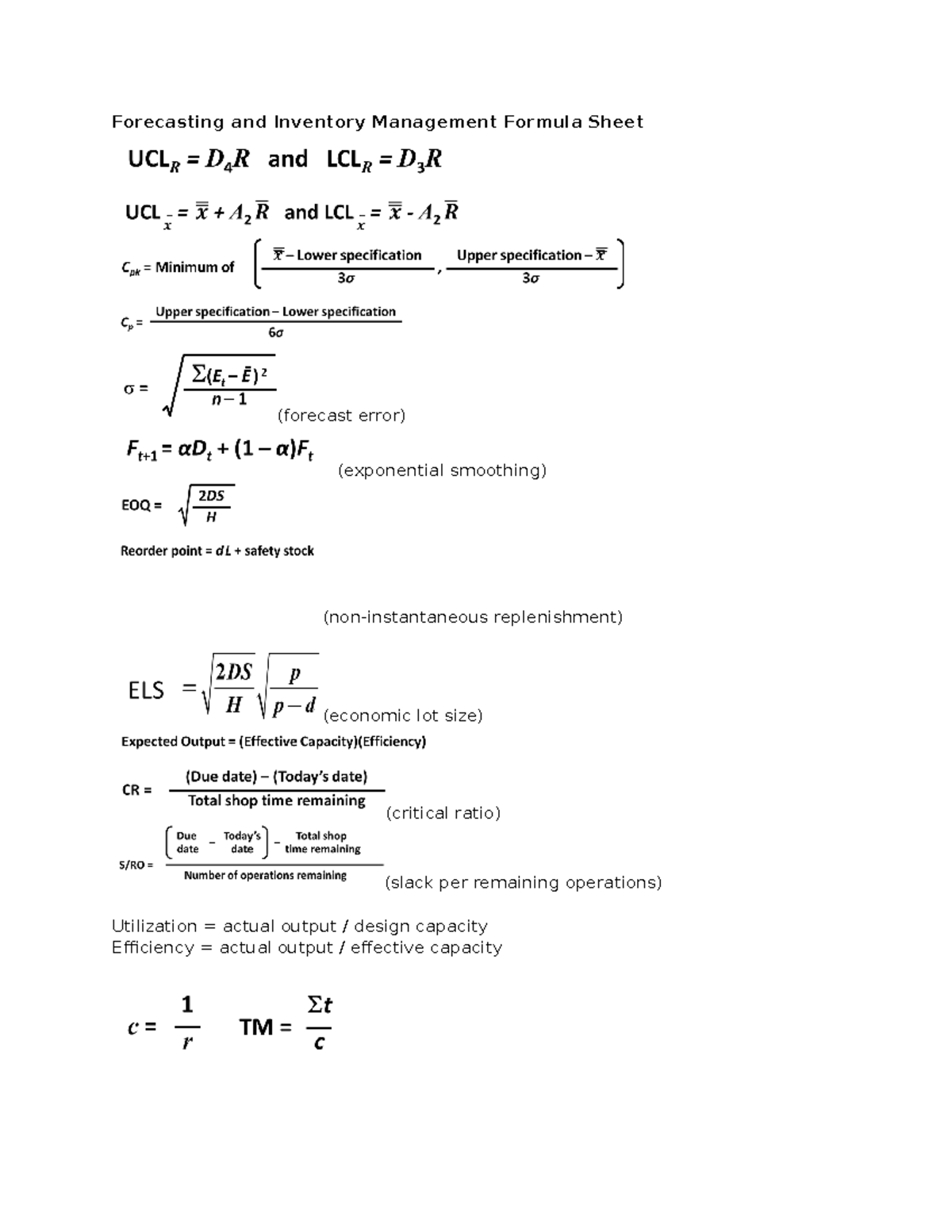 Forecasting and Inventory Management Formula Sheet - SCM 3050 - Studocu