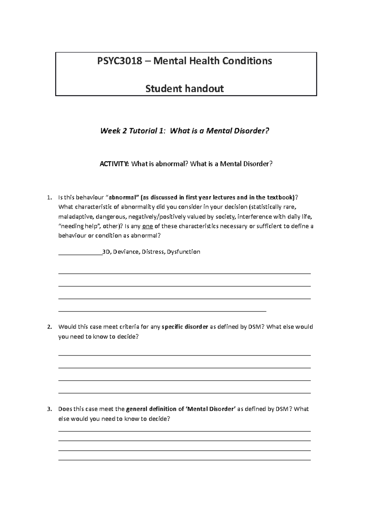 W2 Tut - Tutorial notes - PSYC3018 – Mental Health Conditions Student ...