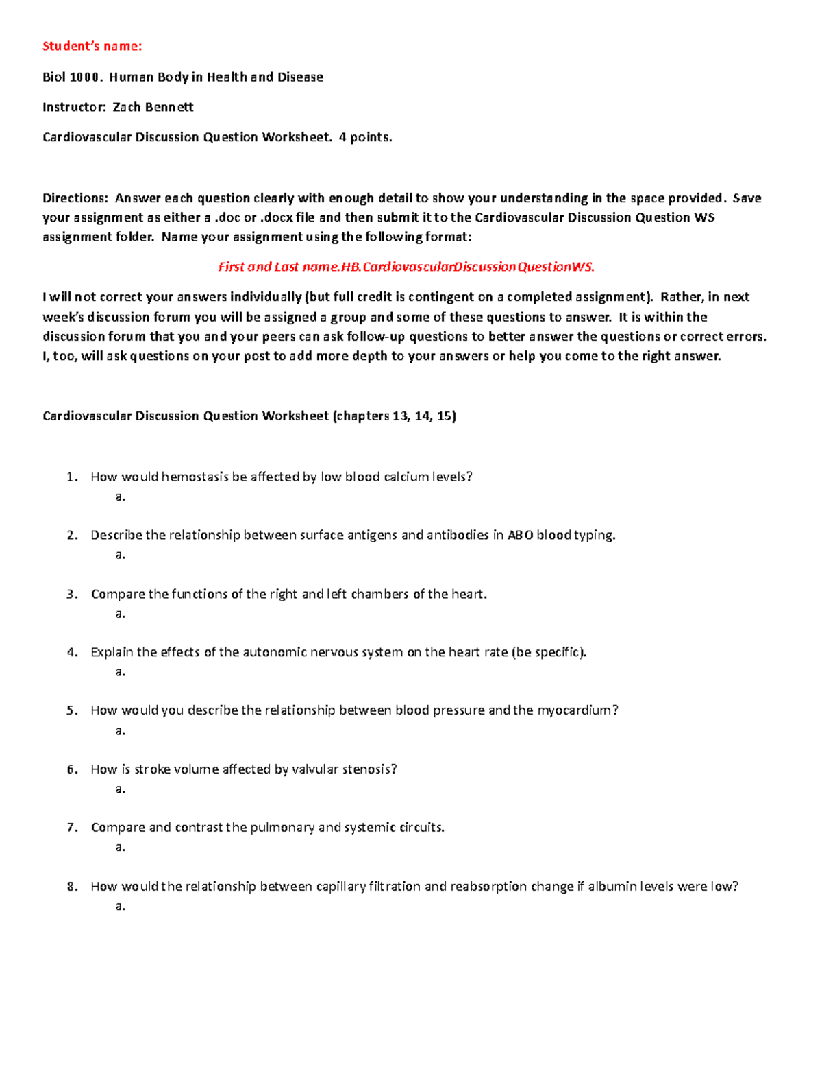 Cardiovascular Discussion Question WS - Student’s name: Biol 1000 ...