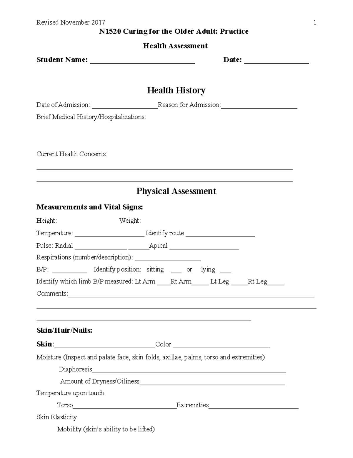 Health Assessment Assignment - N1520 Caring for the Older Adult ...