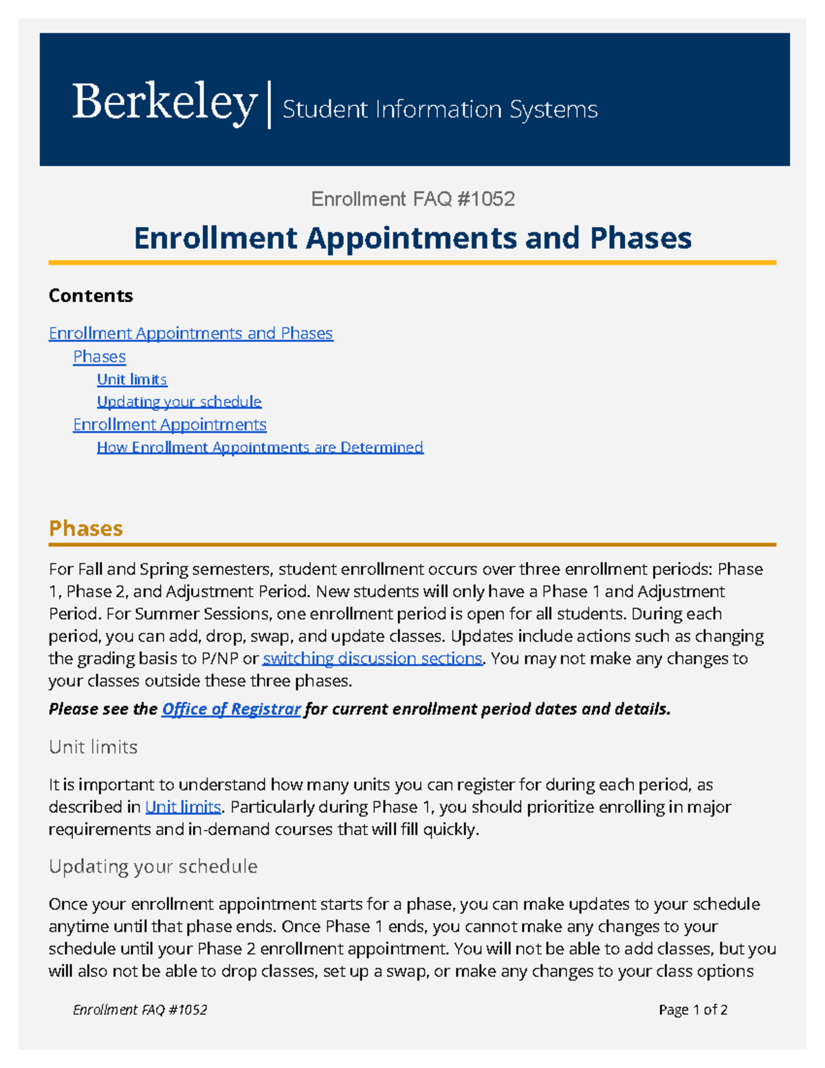 1052 Enrollment Appointments and Phases - Berkeley| Student Information ...