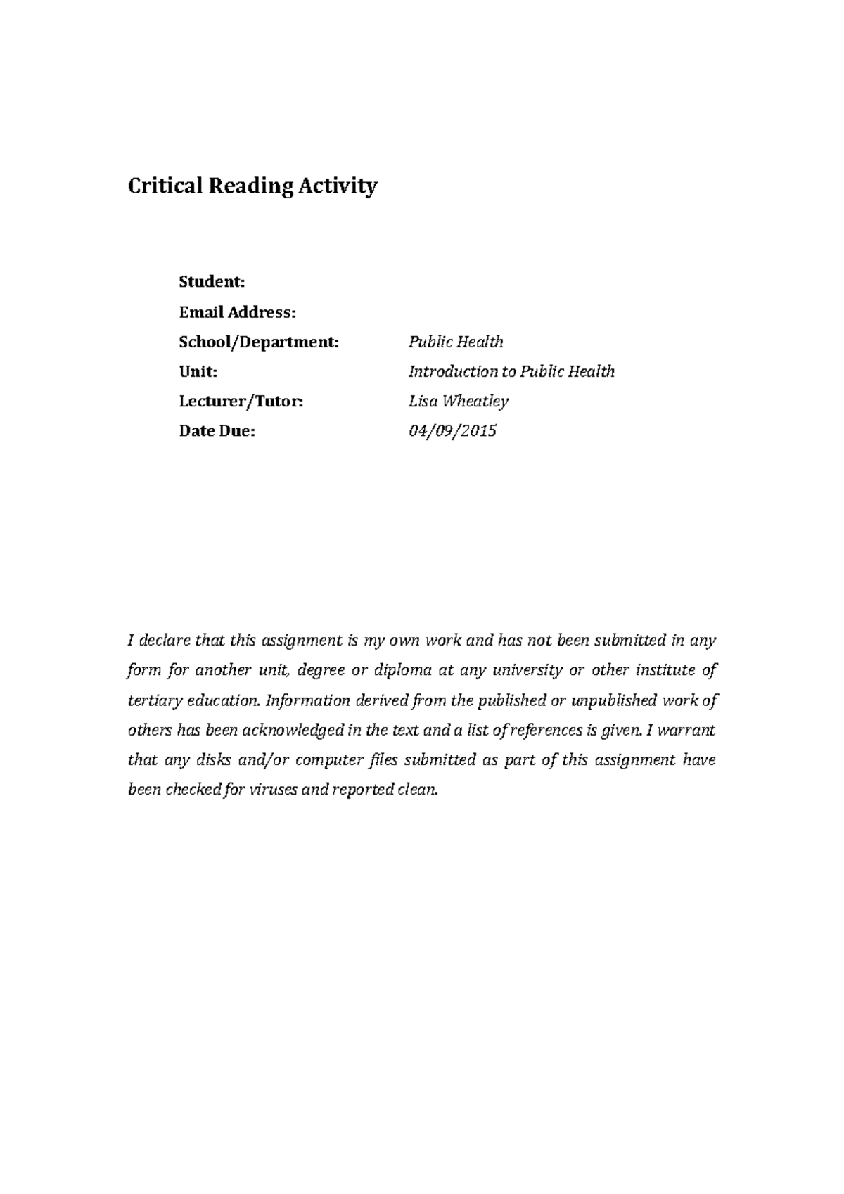 Critical reading assignment - Critical Reading Activity Student: Email ...