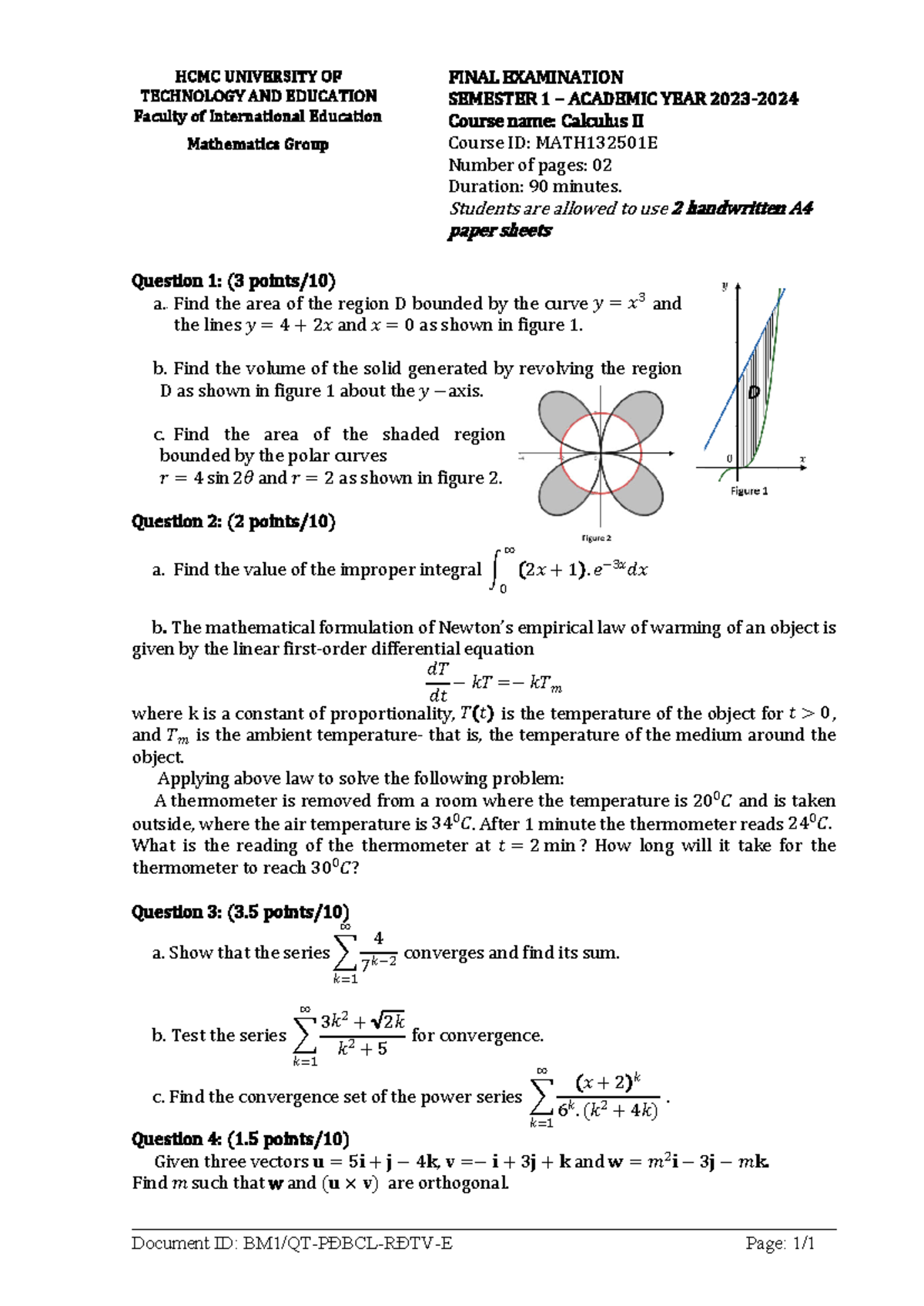 Final Test Cal 2- Semester 1- Y23-24 - Document ID: BM1/QT-PĐBCL-RĐTV-E ...
