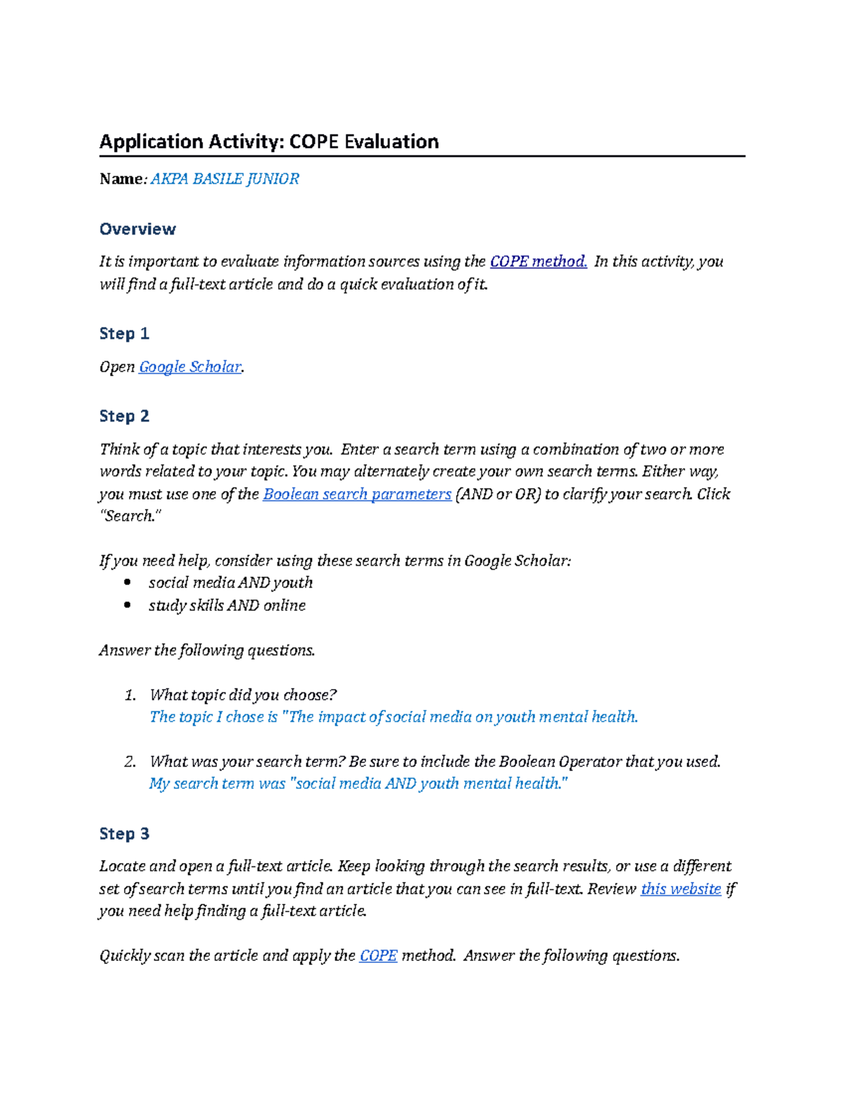 Pc103b document applicationactivitycopeevaluation template - Application Activity: COPE ...