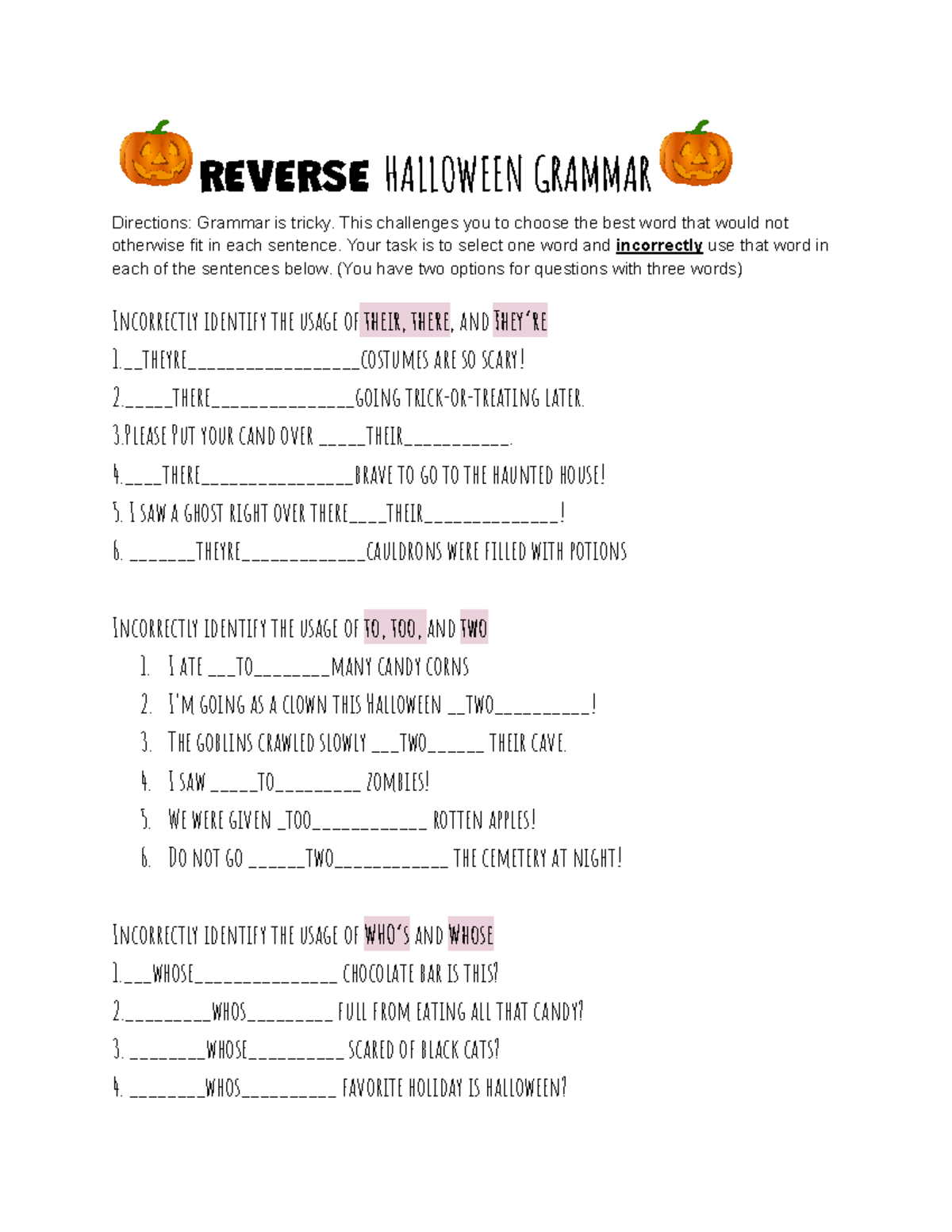 Copy of Reverse Halloween Grammar - REVERSE HALLOWEEN GRAMMAR ...