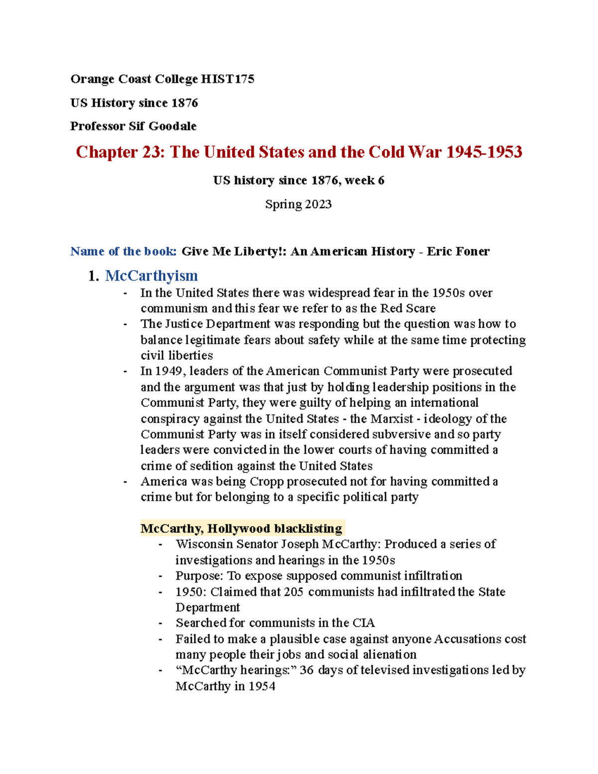 Chapter 23 The United States and the Cold War 1945-1953 - Orange Coast ...