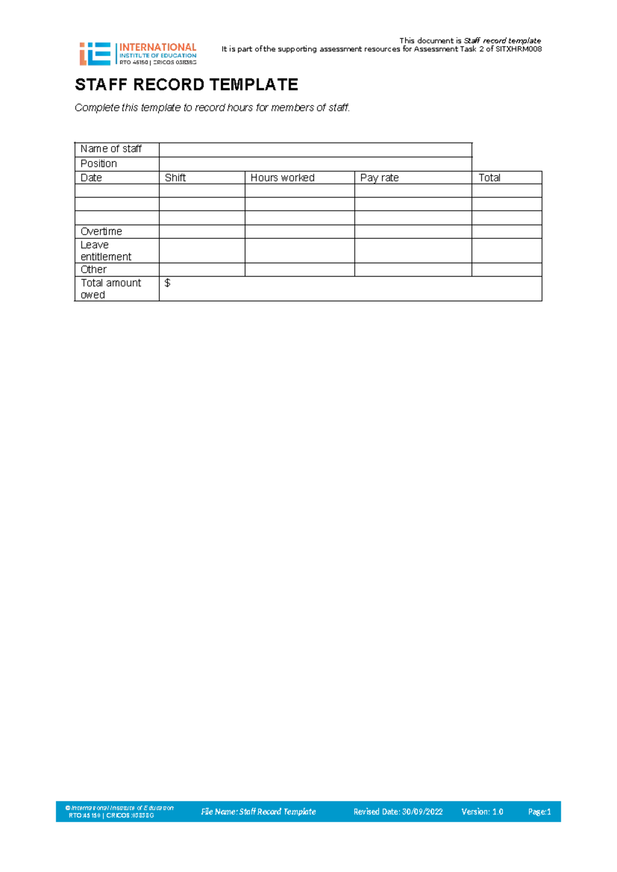 Staff Record Template - example - This document is Staff record ...