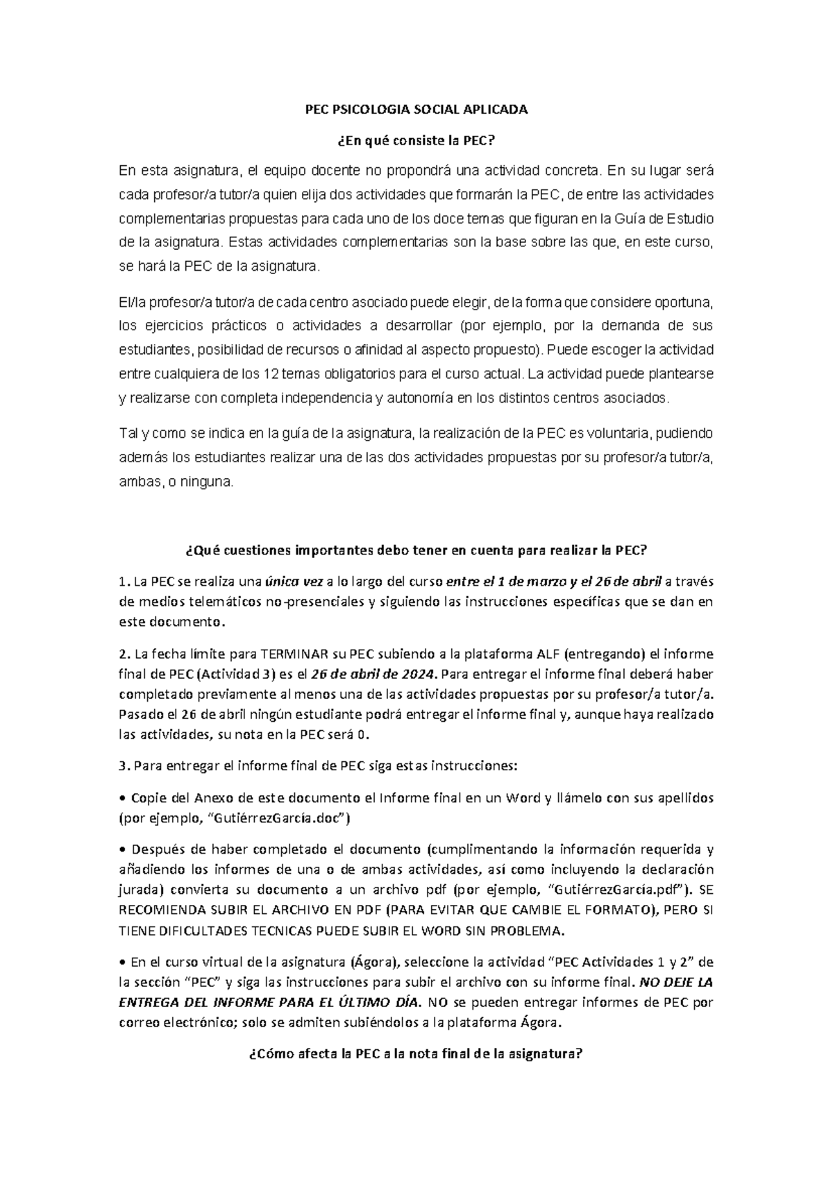 Instrucciones PEC Psicologia Social Aplicada 2024 - PEC PSICOLOGIA ...