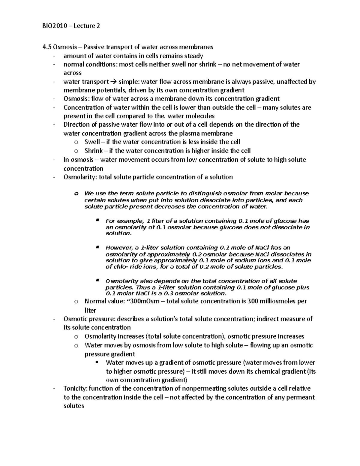 Lecture 2 - BIO2010 – Lecture 2 4 Osmosis – Passive transport of water ...