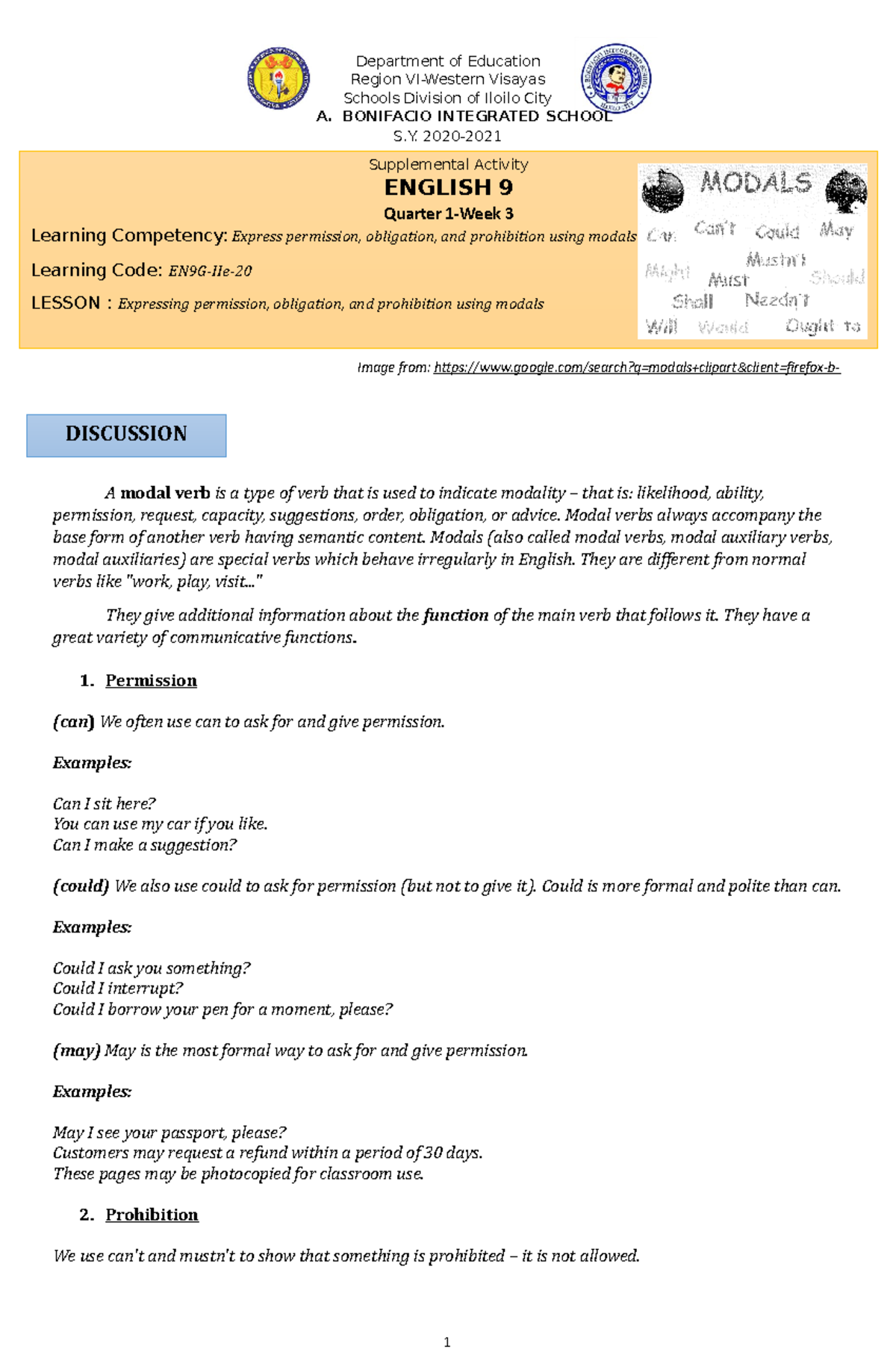 English 9-WEEK 3 Modals - Department of Education Region VI-Western ...