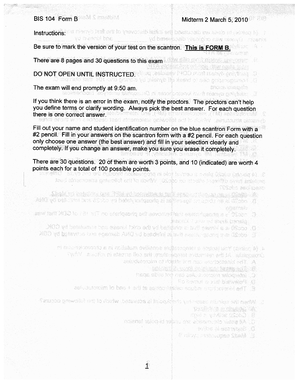 Pre Exam 2 BIS 104 - Practice Exam 2 + Key - ›Question 1) Cell ...