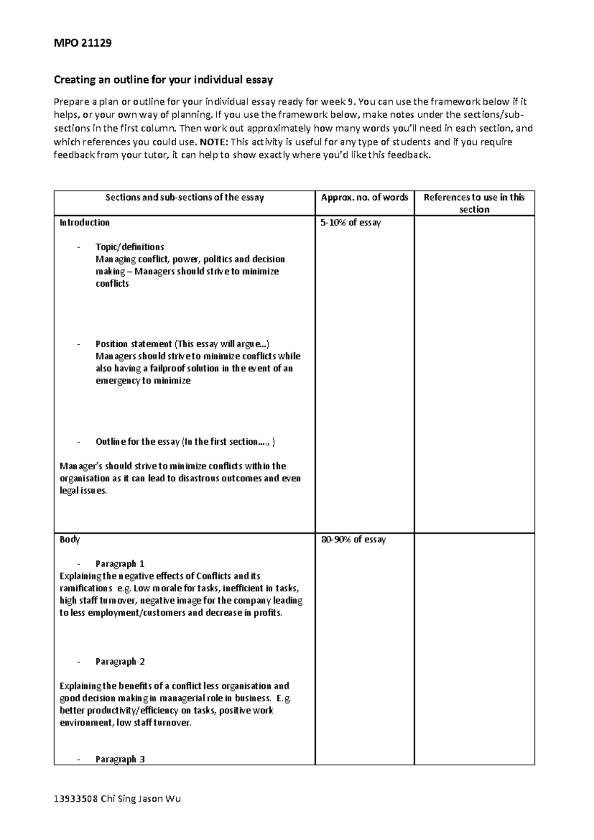 MPO Essay outline - MPO 21129 13933508 Chi Sing Jason Wu Creating an ...