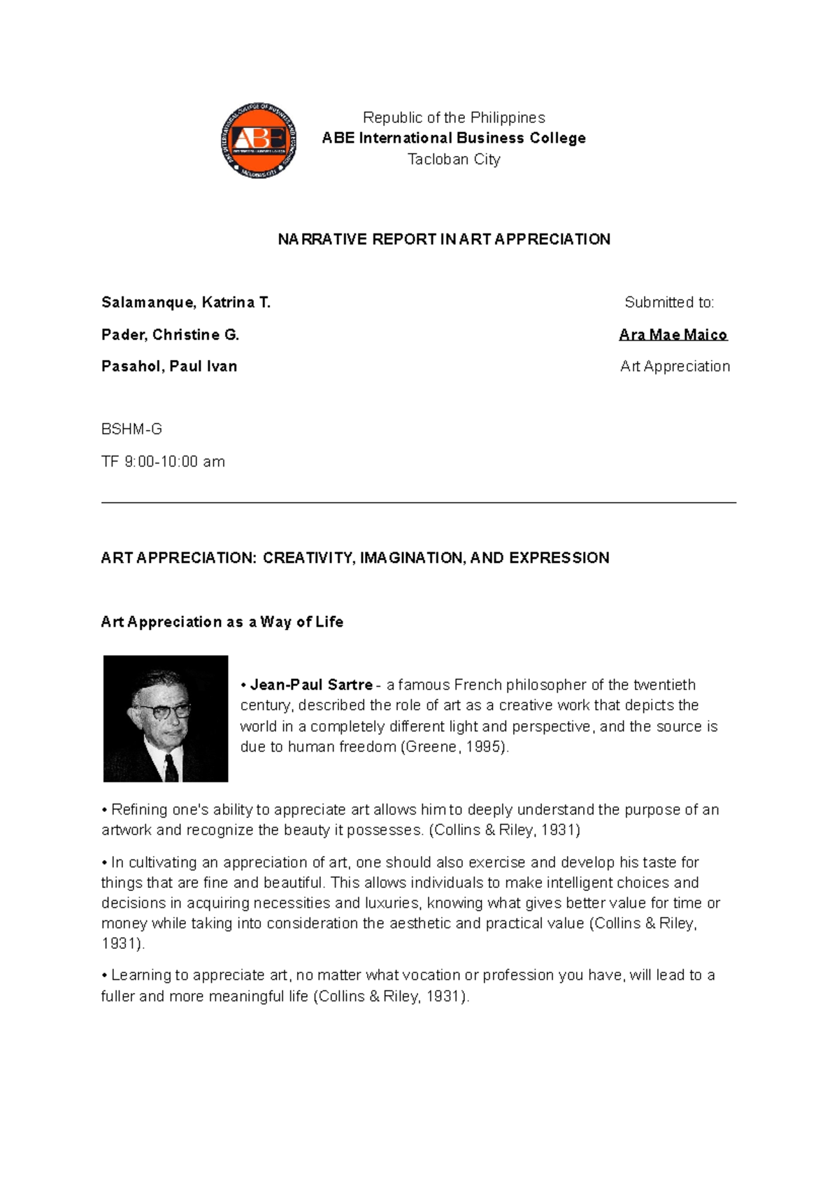 Art Appreciation - NARRATIVE REPORT IN ART APPRECIATION Salamanque ...