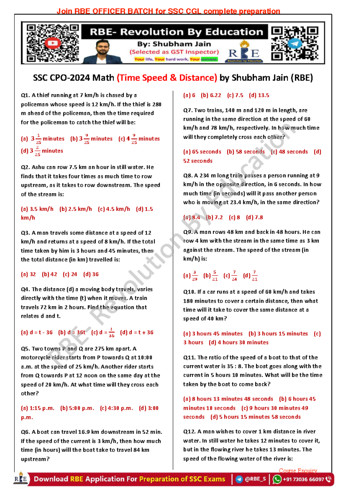 Time, Speed & Distance (E) SSC CPO 2024 RBE - SSC CPO-2024 Math (Time Speed & Distance) by - Studocu