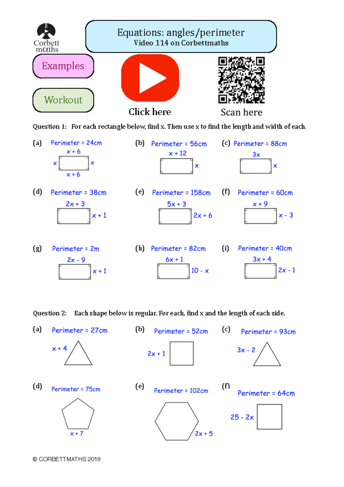 Equations angles perimeter pdf - Equations: angles/perimeter Video 114 ...