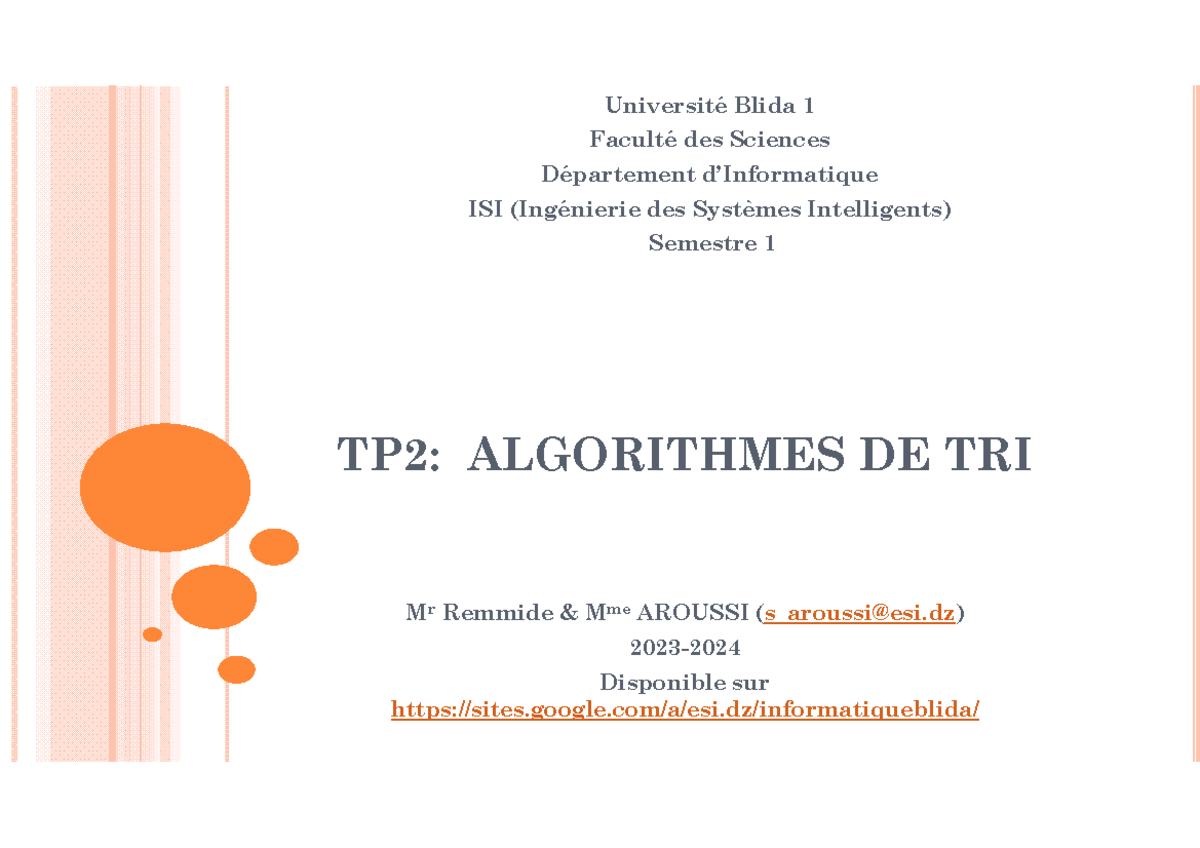 TP2 Algorithmes de Tri - TP2: ALGORITHMES DE TRI Université Blida 1 ...