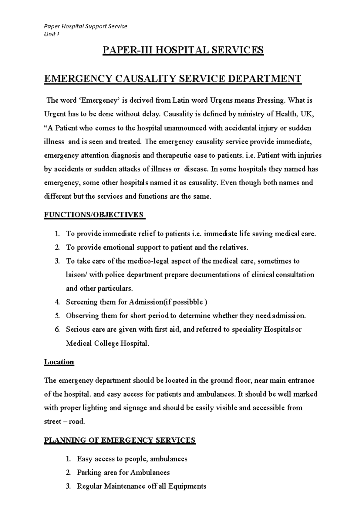 Emergency Causality Service - Paper Hospital Support Service Unit I ...