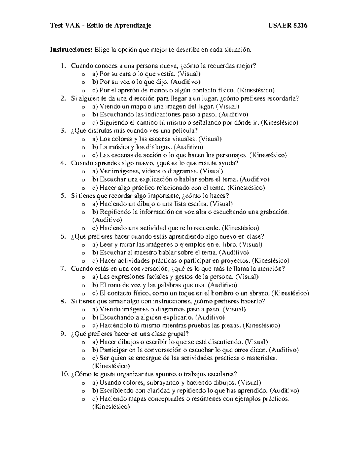 Nuevo TEST - test vak - Test VAK - Estilo de Aprendizaje USAER 5216 ...