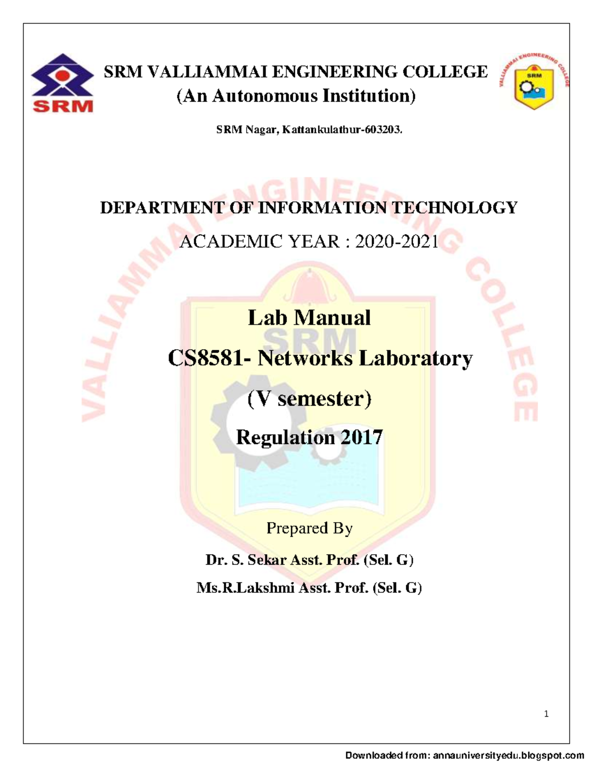 CS8581 Networks Lab Manual valliammai (annauniversityedu - 1 SRM ...