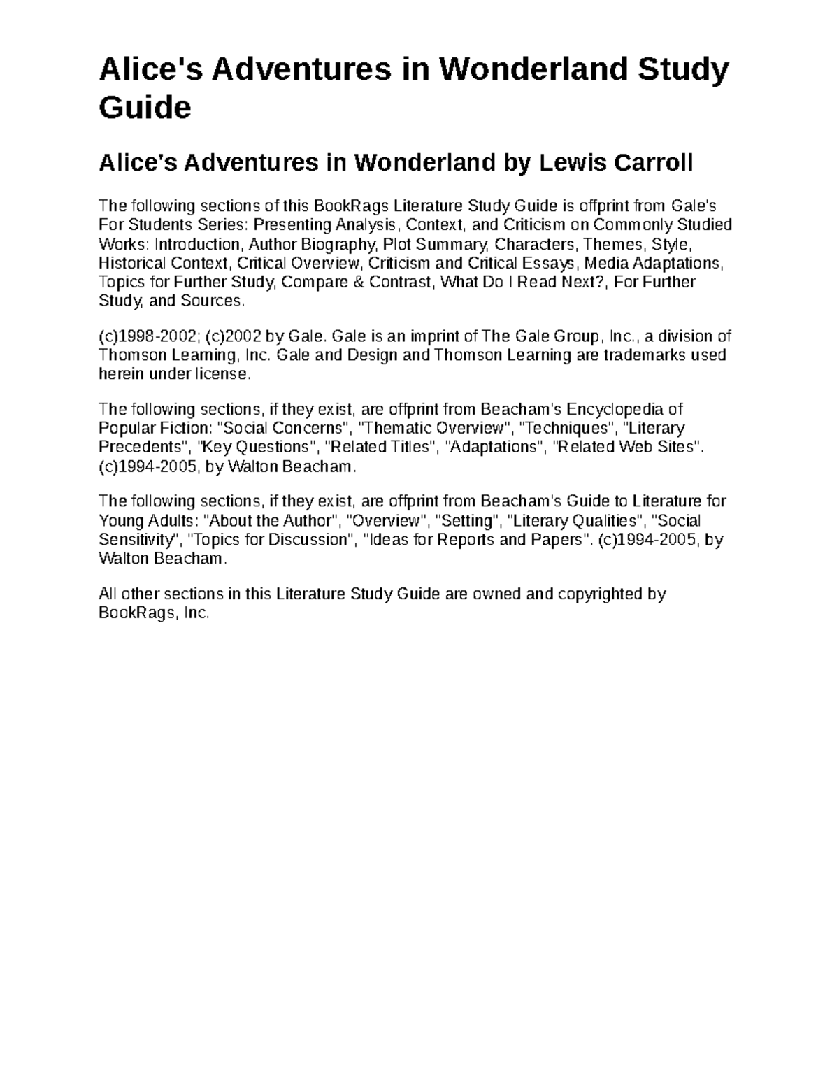 Aliceswonderland-studyguide - Alice's Adventures in Wonderland Study ...