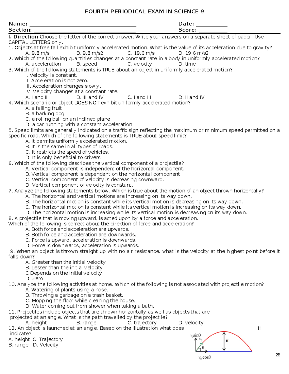 Copy of Science 9 Fourth Quarter Examination - FOURTH PERIODICAL EXAM ...