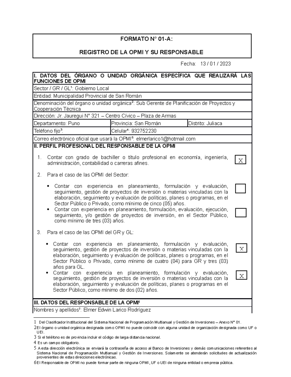 Formato 1a directiva 001 2019 EF6301 - Fecha: 13 / 01 / 2023 I. DATOS ...