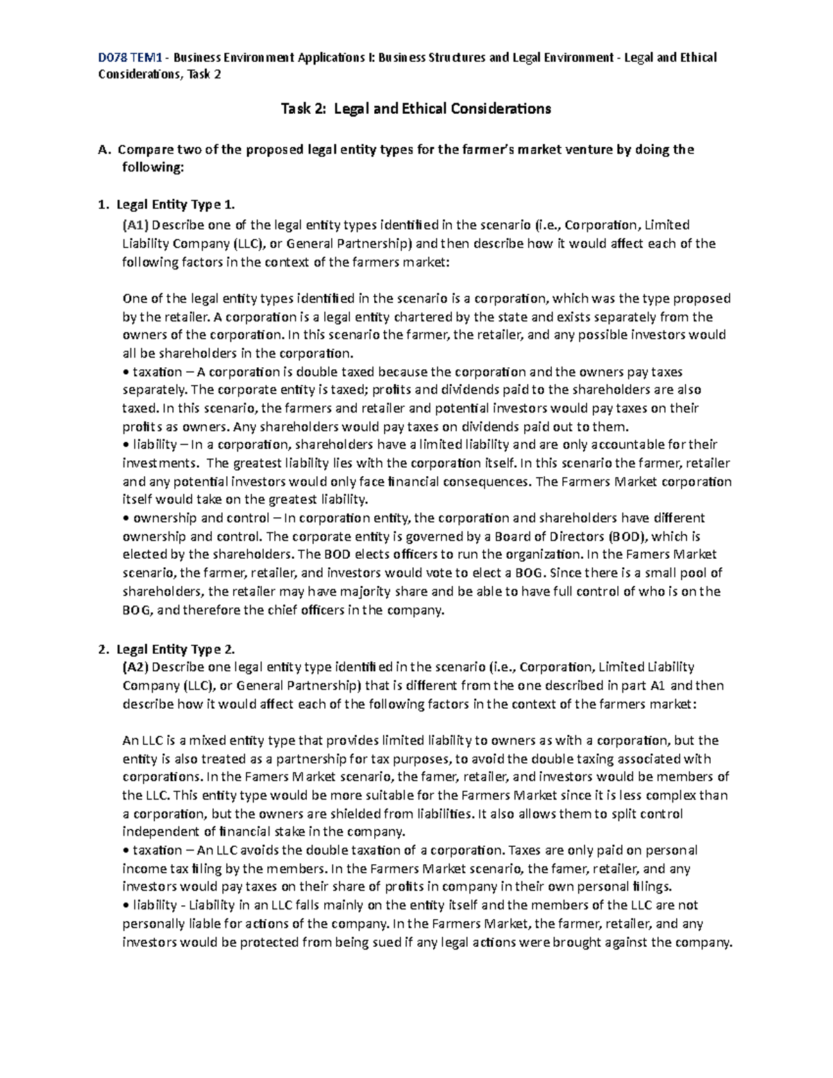 D078 Task 2 Legal and Ethical Considerations - D078 TEM1 - Business ...