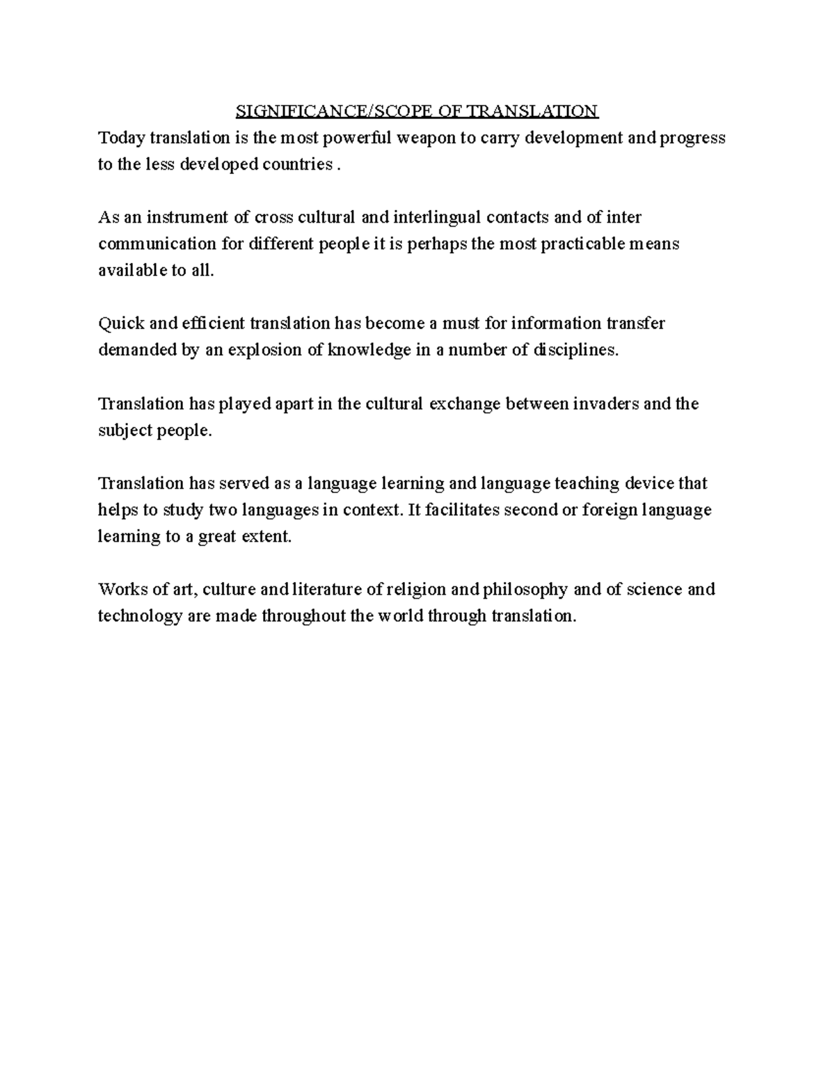 Significancescope OF Translation - SIGNIFICANCE/SCOPE OF TRANSLATION ...