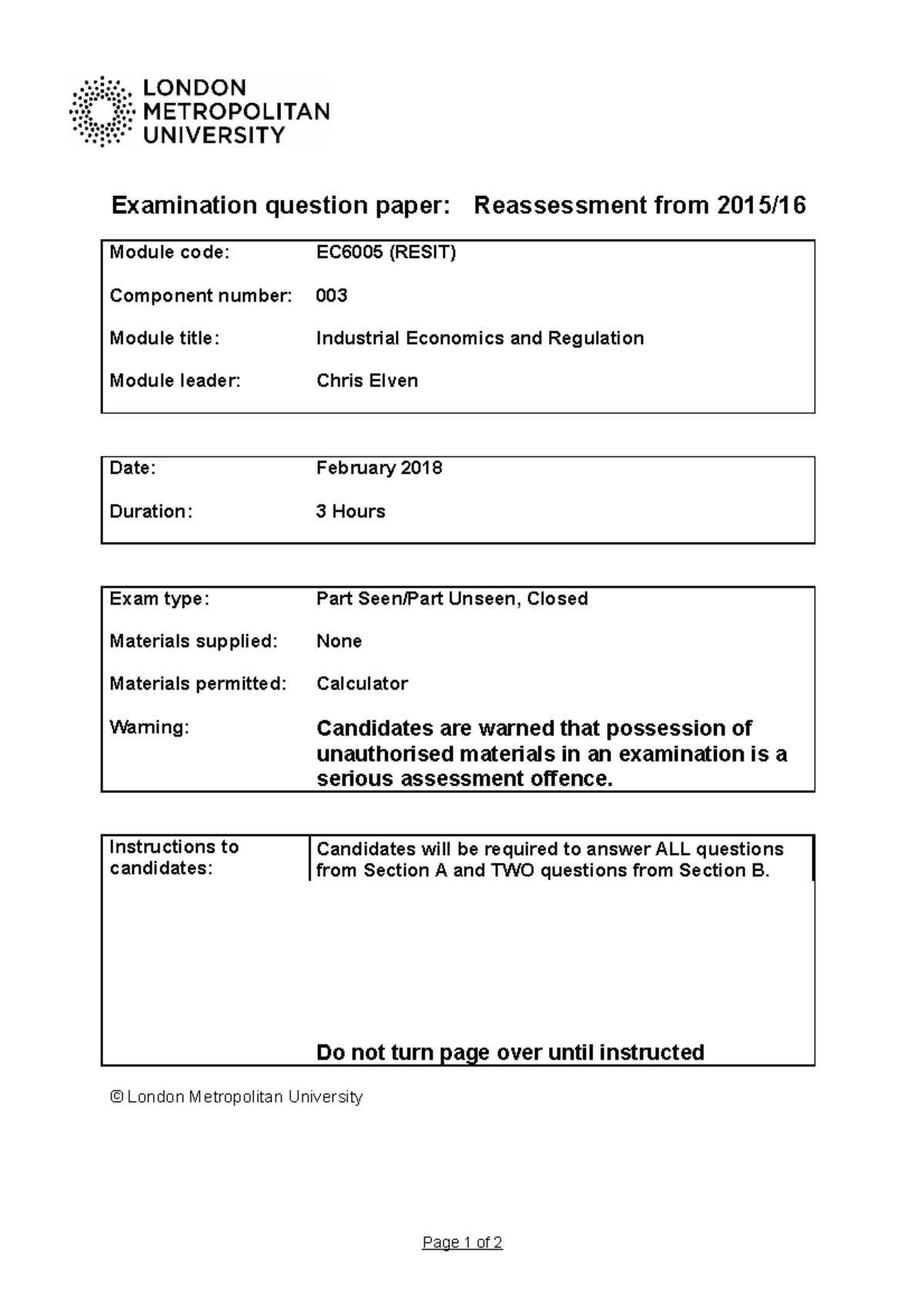 economics resit Exam 2015 - Examination question paper: Reassessment ...