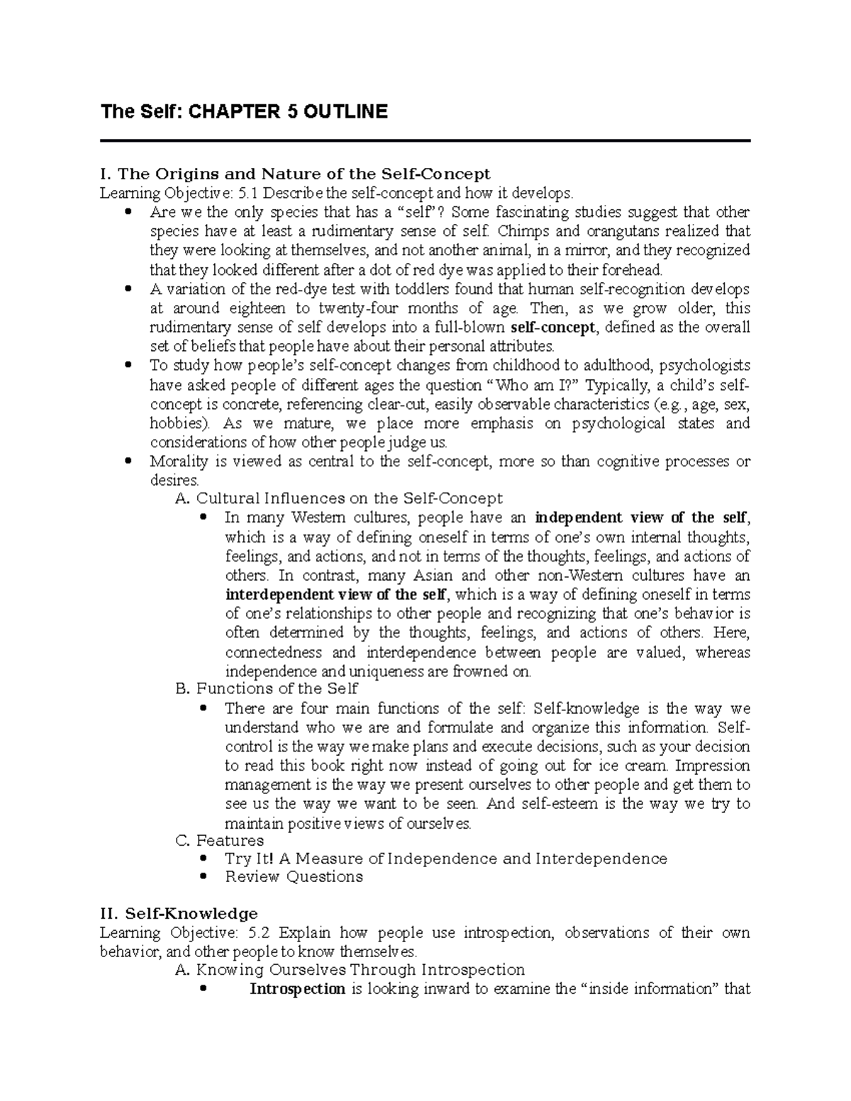 Chapter 5 - The Self - The Self: CHAPTER 5 OUTLINE I. The Origins and ...